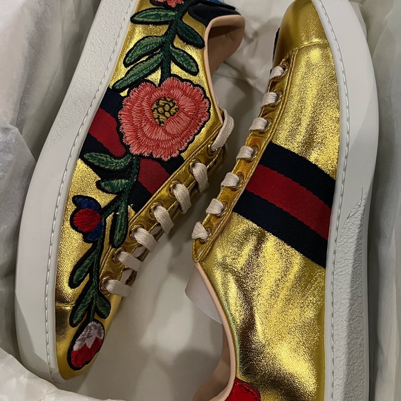 Gucci | Shoes | Gucci Ace Gold Leather Embroidered Sneakers | Poshmark